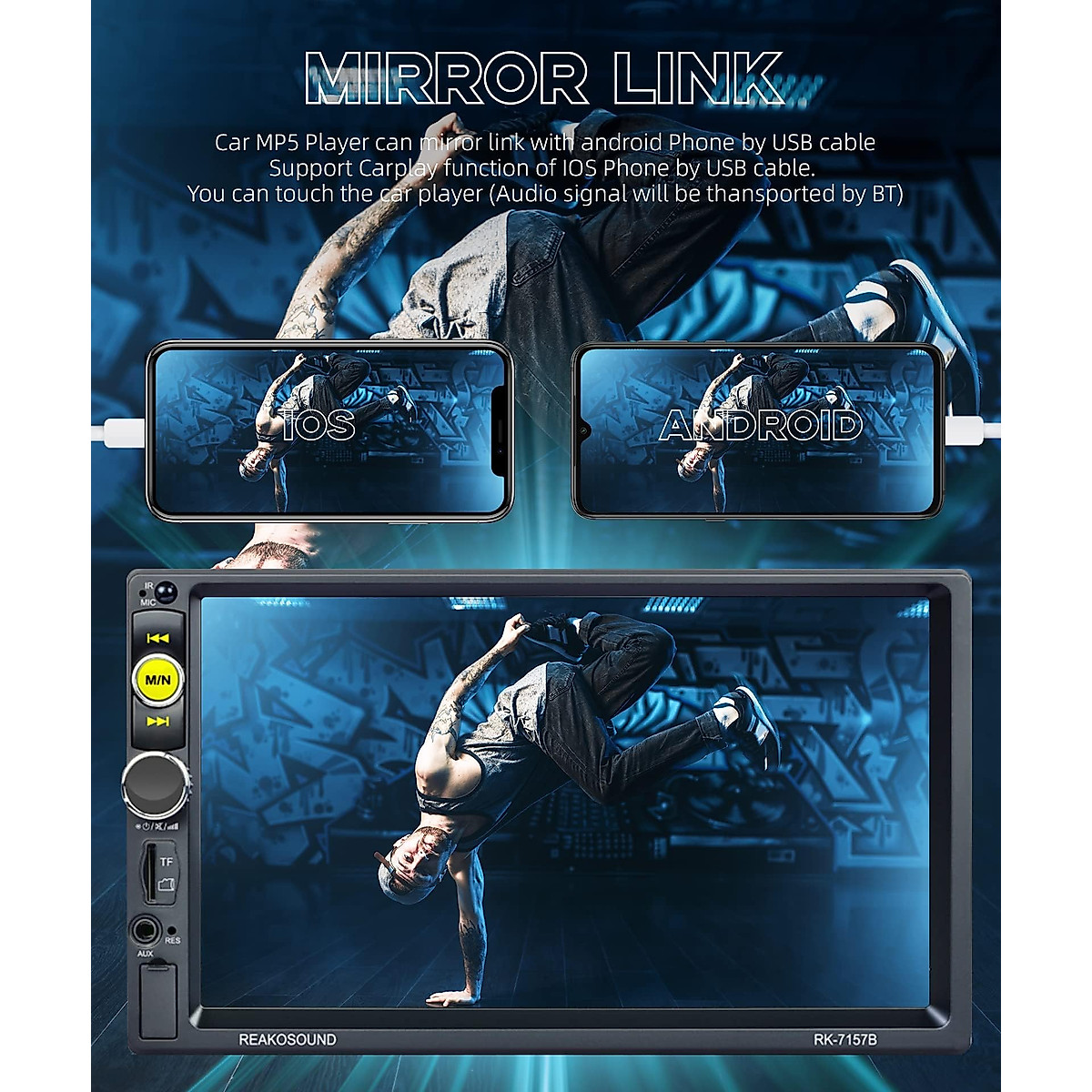 Apple Carplay Double Din Car Stereo Radio with Bluetooth, Rimoody 7 Inch HD Touchscreen Car Radio with Android Auto Mirror Link, Backup Camera, Steering Wheel, FM, USB/TF/AUX