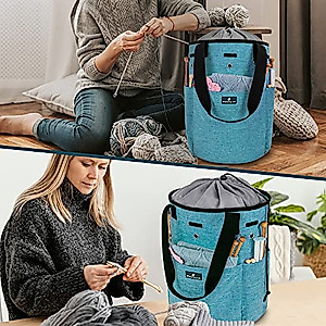 PAVILIA Knitting Bag Yarn Storage Tote - Crochet Organizer Bag, Yarn Storage Holder for Knitting Accessories, Yarn Skiens, Needles, Hooks, Unfinished Project, with Grommets (Turquoise Blue)