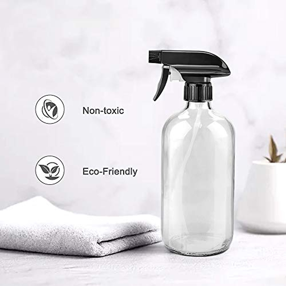 Worldgsb Glass Spray Bottles, 16oz Refillable Containers, Empty Boston Round Bottles with Labels & Adjustable Nozzle for Cleaning, Gardening, Aromatherapy, Pets, Plant, Hair -Clear (1 Pack)