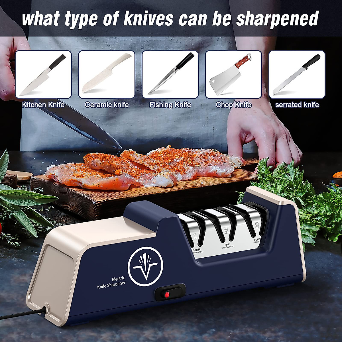 Homly Professional Electric Knife Sharpeners for Kitchen Knives with Diamond Abrasives and Precision Angle Guides, Multifunctional 3-Stage Slots, Applicable to Straight Knife and Ceramic Knife