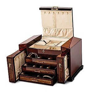 Bubinga Veneer Elm Burl Inlay 3 Drawer with Slide Pendant Charm-Out Sides Jewelry Box 15.5"