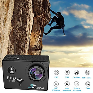 Xilecam Action Camera 1080P WiFi Sports Camera 4xZoom Action Camera 40m/131ft Underwater Waterproof with 2 X1050 mAh Batteries and Multi-Function Accessory