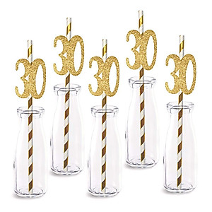 30th Birthday Paper Straw Decor, 24-Pack Real Gold Glitter Cut-Out Numbers Happy 30 Years Party Decorative Straws