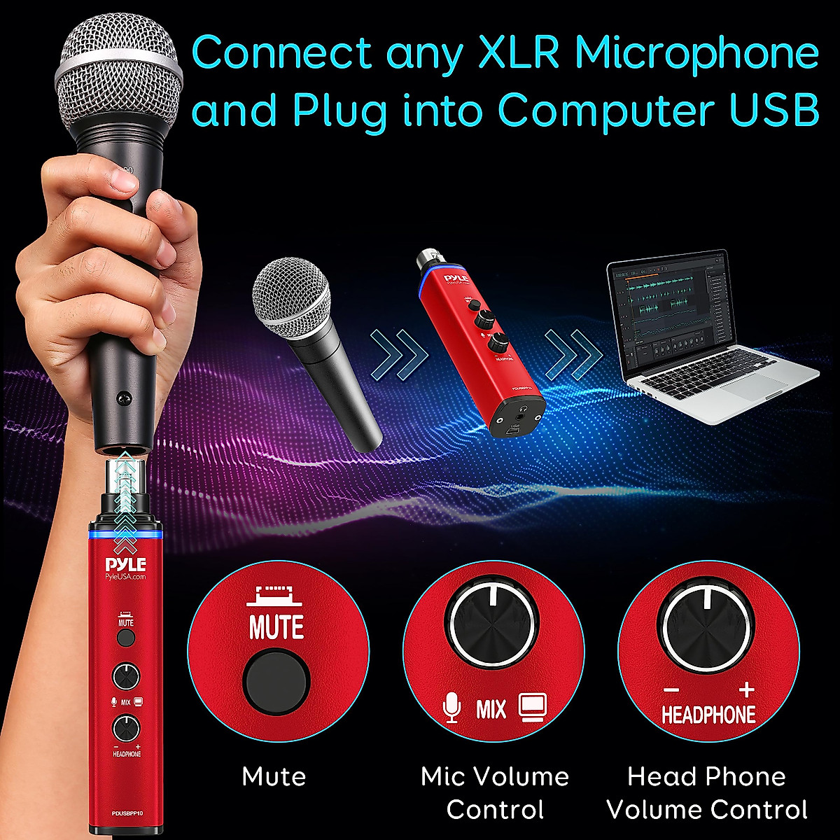 Pyle Microphone XLR to USB Signal Converter Adapter Universal Windows Mac Plug and Play Mic to PC Adaptor for Digital Recording Interface, Mix Audio Control, 48V Phantom Power, USB Cable (Red)