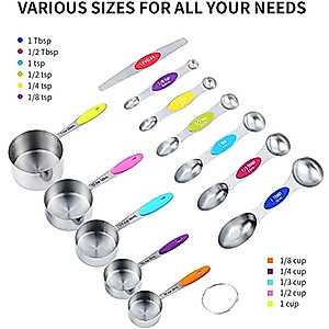 TILUCK measuring cups and magnetic measuring spoons set, 5 stainless steel measuring cups, 6 double-sided stainless steel measuring spoons & 1 leveler (5+7)