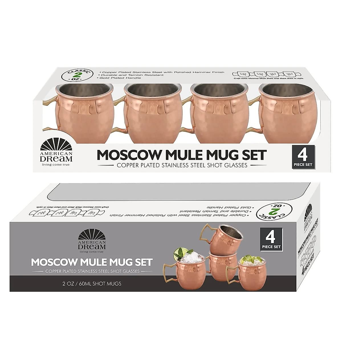 J&V TEXTILES Moscow Mule Copper Mugs - Gift Set of 4, 100% Solid Handcrafted Copper Cups - 2 Ounce Food Safe Hammered Mug For Mules