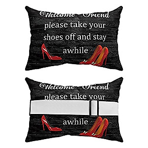 Recliner Head Pillow Outdoor Pillow with Insert Welcome Friend Red High Heels Black Retro Wood Grain Waterproof Lumbar Pillow with Adjustable Strap Lounger Patio Chair Pillows for Beach Pool 1pcs
