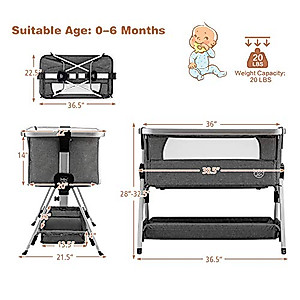 BABY JOY Bedside Bassinet, Portable Baby Crib w/Mattress, Two-Side Breathable Mesh, 7 Height Adjustable, Large Storage, Wheels for Easy Movement, Crib for Newborn Infant, Bassinet for Baby, Dark Grey