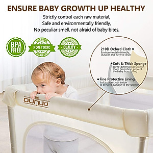 OUNUO Baby Playpen, 35x35" Play Pens for Babies and Toddlers Small Play Yard, Sturdy Safety Baby Fence Play Area for Limited Space, 360° Visible Playard with Gate and Anti-Slip Suckers - Beige