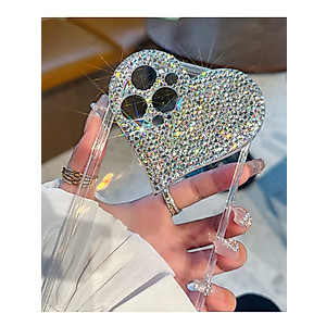 Clear Glitter Case Compatible with iPhone 14 Pro Max, 3D Heart Design Phone Cover with Girly Bling Diamond Rhinestone Sparkle Loving Hearts Slim Fit Soft Shockproof Protective Case for Women Girls