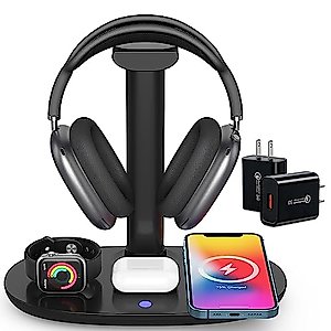 Headphone Stand with 15w Wireless Charger, 4 in 1 Qi Charging Station Headset Holder for iPhone 14/13/12/11/XS/XR/X AirPods Max/Pro/2/3 iWatch 8/7/6/5/4/3/2/1/SE