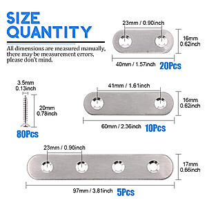 Glarks 35-Pieces 1.6 inch/ 2.4 inch/ 4 inch Stainless Steel Flat Straight Brace Brackets Mending Joining Plates Repair Fixing Bracket Connector and 80pcs Screws Set, Total 115pcs, Silver