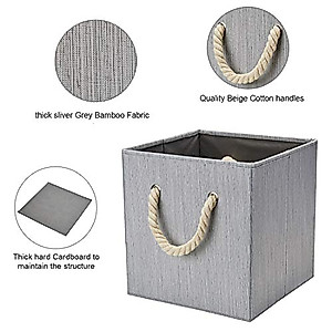 Robuy Set of 4 Grey Foldable Bamboo Fabric Cube Storage Bins with Cotton Rope Handle, Collapsible Resistant Basket Box Organizer for Shelves Size (10.5x10.5 x11 inch)