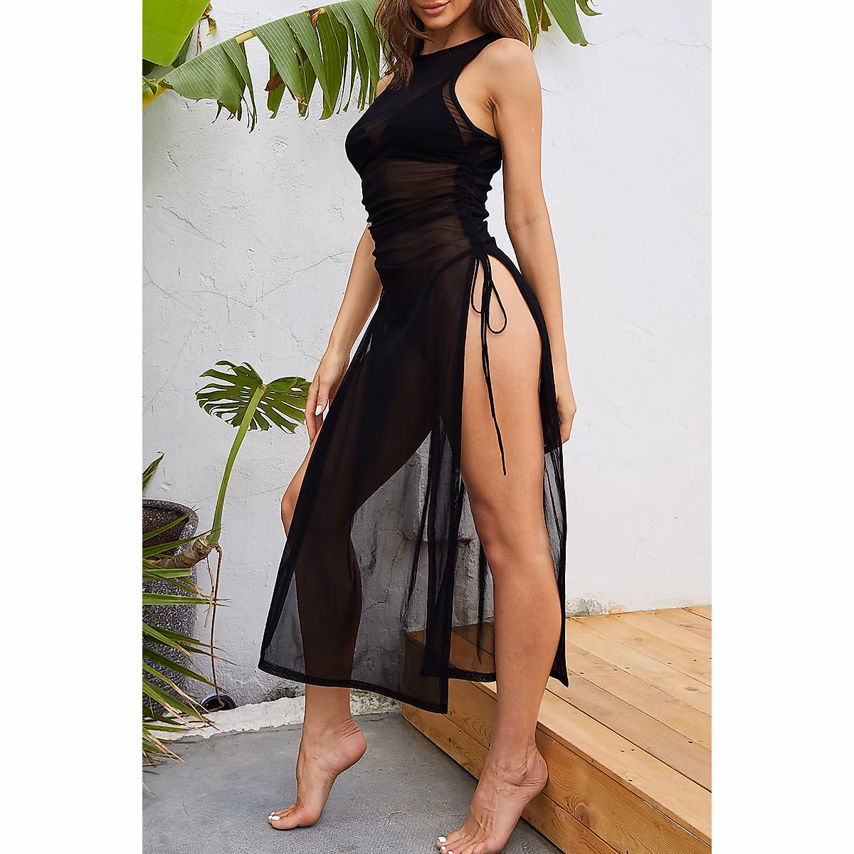 Women's Swimsuit Cover Up Mesh Maxi Dress Sheer High Split Bathing Suit Bikini Swimwear Cover Up Dress with Drawstring Black S