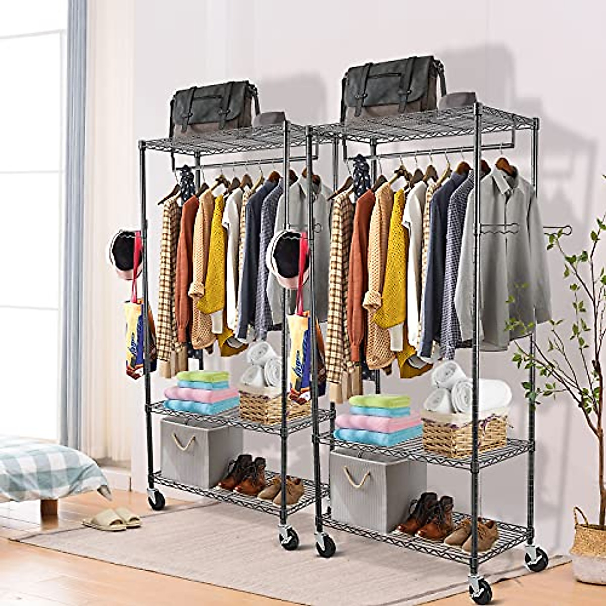 WDT Rolling Garment Rack with Wheels, Large Heavy Duty Clothing Rack with 3 Tier Shelves, Adjustable Metal Garment Closet Organizer Rack for Hanging Clothes, 35"L x 18"W x 74.4"H
