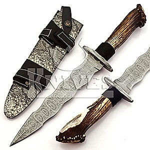 NoonKnives: custom Hand Made Damascus forge wavy style Steel Collectible wavy dagger Knife Handle deer stag horn crown with damascus Inserts (stag)