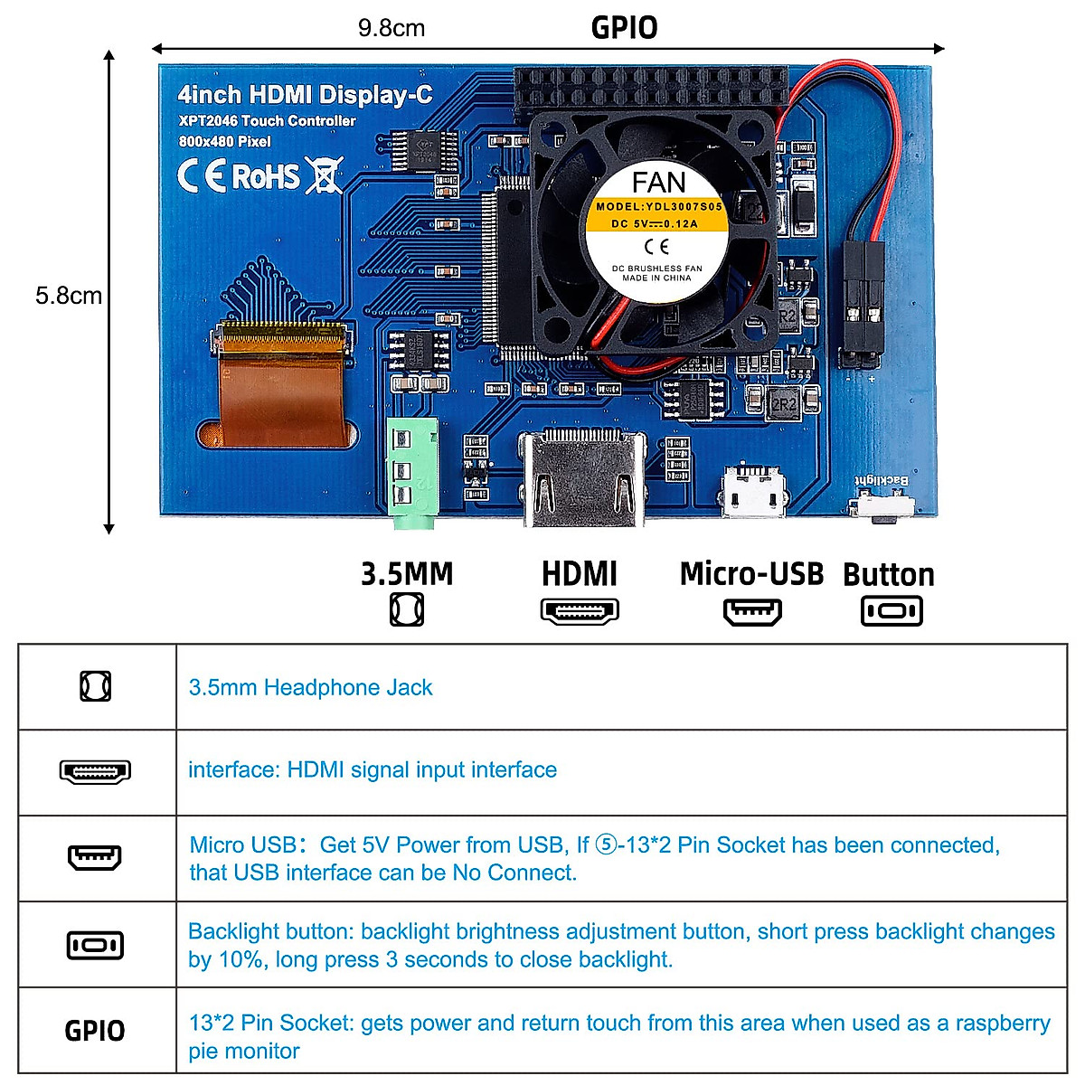 Miuzei Raspberry Pi 4 Touchscreen with Case Fan, 4 inch IPS Touch Screen LCD Display, 800x480 HDMI Monitor for RPI 4b 8gb/4gb/2gb with Touch Pen (Support Raspbian/Kali/Octopi/Ubuntu)- No Raspberry Pi