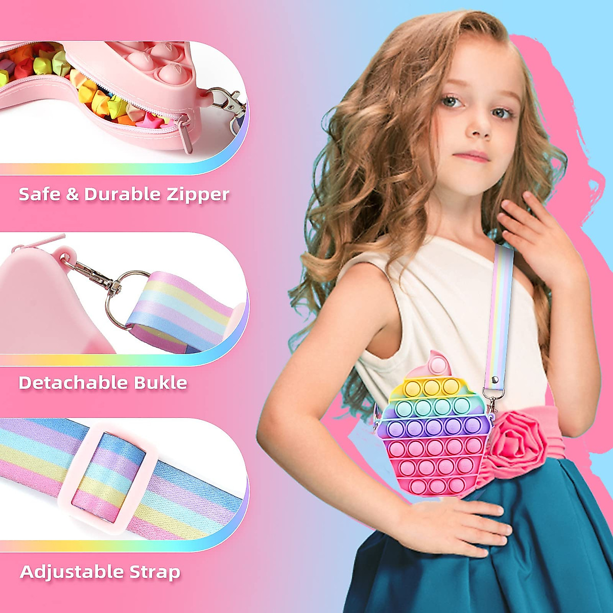 Pop purse bag for Girls, 2 in 1 Poppet Bag fidget Toy with Adjustable Shoulder Strap Length, Silicone Crossbody Small Purse Gift for Kids (Cup Cake)