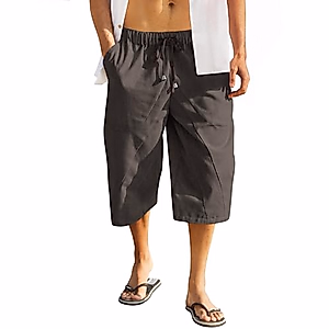 COOFANDY Capri Pants for Men Casual Cotton Linen Pants Elastic Baggy Capri Trousers Harem Capris, Dark Gray, XL
