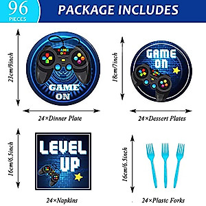 gisgfim 96 Pcs Video Game Party Supplies Paper Plates Napkins Gaming Party Birthday Decorations Favors for Kids Gaming Serves 24