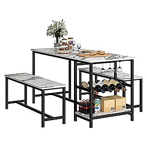 Dining Table Set for 4, 3 Piece Kitchen Table and Chairs Set with 2 Benches, Small Kitchen Table Set with Wine Rack and Glass Holder, Rustic Metal Frame for Breakfast Nook Apartment (White Statuario)