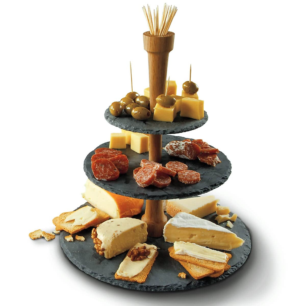 Boska Wooden Serving Party Tower - 3 Layer Best for Cheese, Tapas, Bread, and Desserts Presentation - Board Slab with Non-Slip Feet - Cutting and Charcuterie Board - Dishwasher Safe