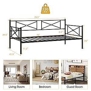 KOMFOTT Metal Daybed Frame, Twin Bed Frame with Steel Slats Support, Sofa Mattress Foundation with Headboard, No Box Spring Needed, Multifunctional Platform Bed Frame Fits Twin Mattress (Black)