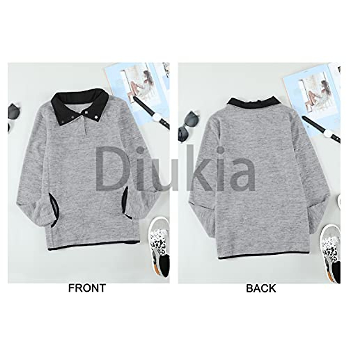 Diukia Sweatshirts Pullover Tops Womens 2022 Fall Cute Lightweight 1/4 Quarter Button V Neck Color Block Stand Collar Long Sleeve Pocket Pullover Sweatshirt for Ladies Teen Girls Juniors Gray L 12-14