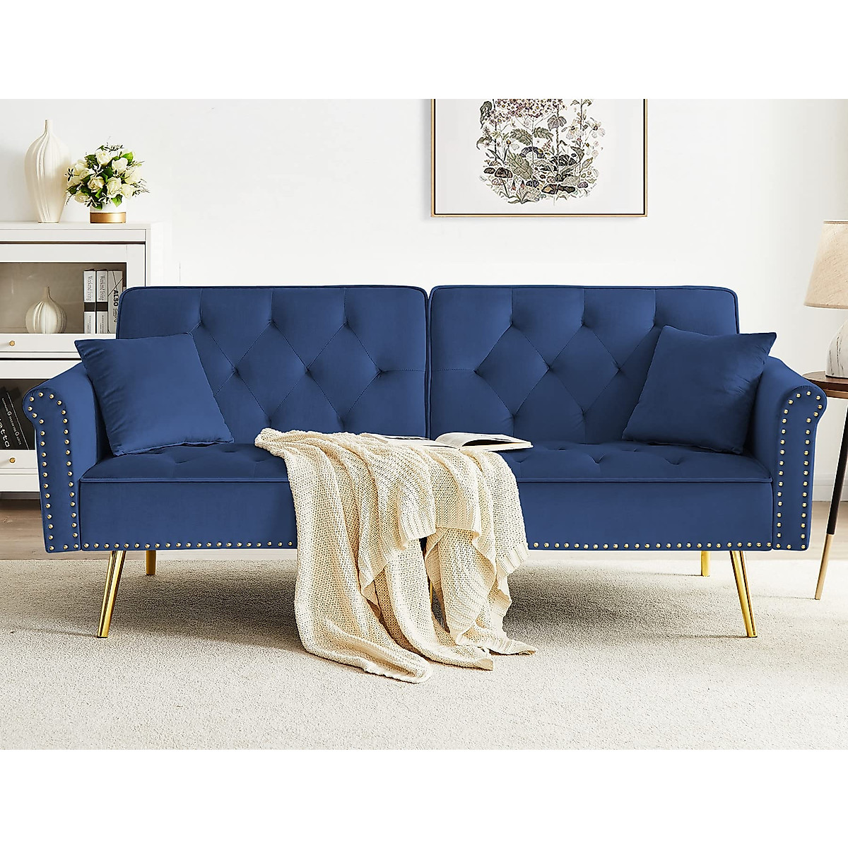 hansones Velvet Futon Sofa Bed,Convertible Sofa Bed with Adjustable Backrest Angles,Sturdy Sleeper Sofa for Living Room and Bedroom (Blue) (2204)