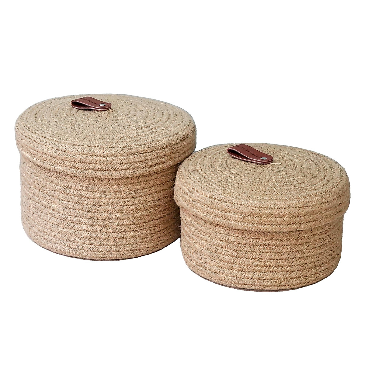 Aplolemo Jute Rope Basket with Lid,Decorative Woven Baskets with Lids,Leather Design Lidded Round Basket,Small Basket with lid,Storage Baskets with Lids-Set of 2（10"x6"/8.5"x5"）