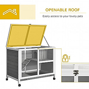 PawHut Indoor Rabbit Hutch with Wheels, Desk and Side Table Sized, Wood Rabbit Cage, Waterproof Small Rabbit Cage, Gray