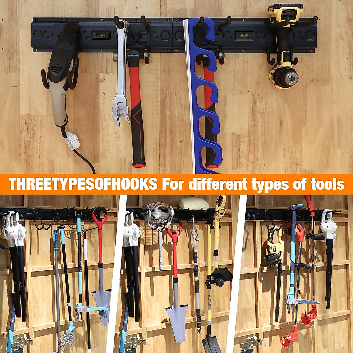 Garage Organization Tool Storage Utility Rack, 32 inches Garage Organizer Wall Mounted Heavy Duty Hanger Organizer System with 4 Adjustable Hooks for Garden Tools, Shovels, Trimmers, and Hoses