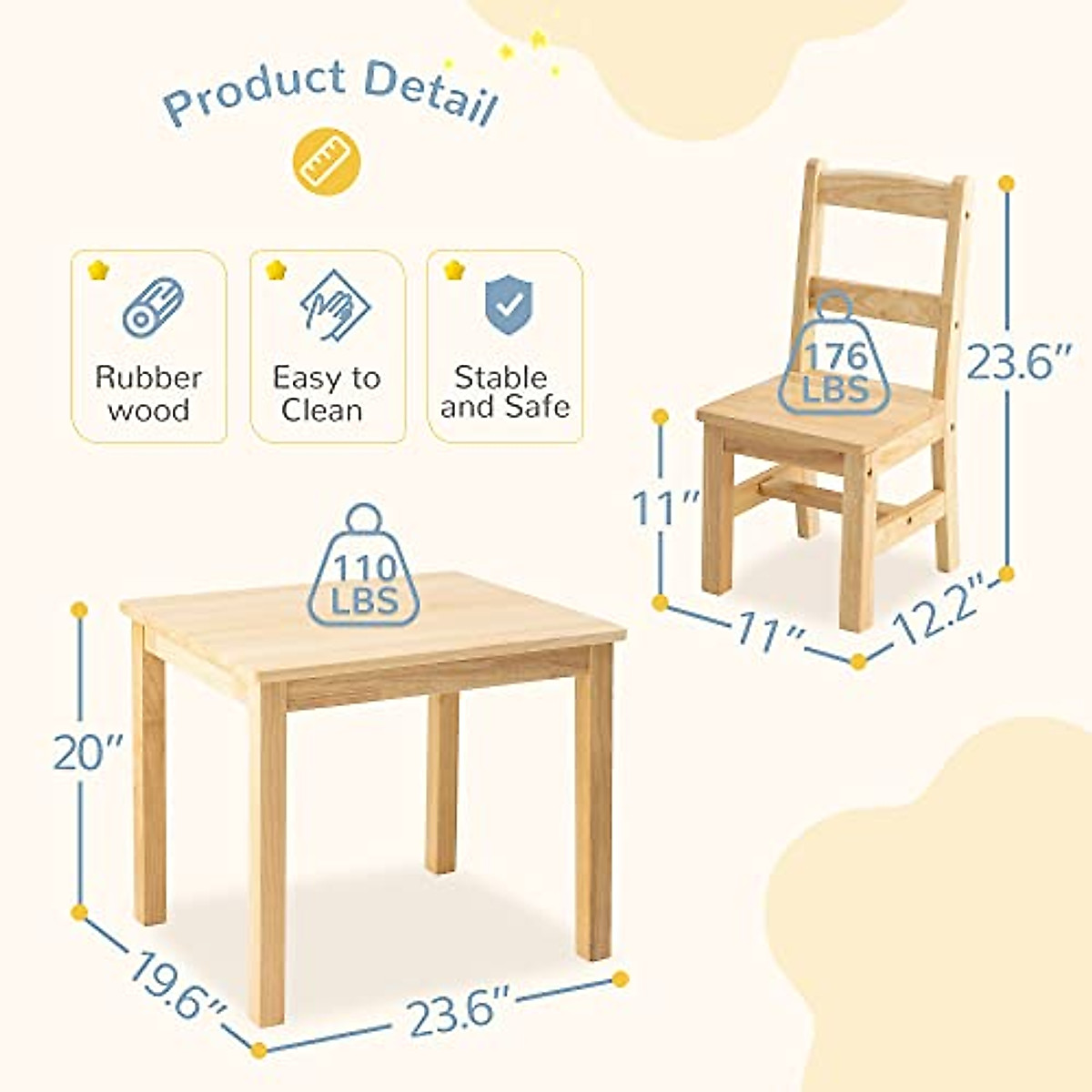 Curipper Rubberwood Kids Table and 2 Chair Set, Water Resistant Toddler Table and Chair Set, Non-Slip Pad and Waterfall Edge, Easy to Clean,Ideal Children Table Set for Bedroom, Playroom,Natural Wood