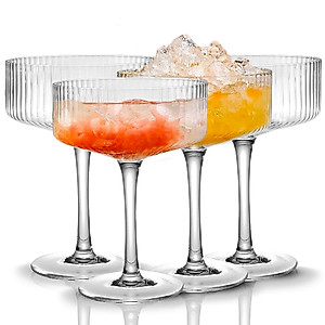 Qipecedm 4 Pcs Ribbed Coupe Glasses, 10 oz Vintage Cocktail Coupe Glasses Set, Unique Martini Glass, Classic Cocktail Galssware, Bar Drinking Glasses Set Pefect for Cocktail, Wine, Champagne & Gift