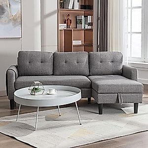 GNIXUU Pull Out Couch, Small Sectional Sleeper Sofa Bed with Storage Chaise, Convertible 3 Seater L Shaped Couch for Living Room, Grey