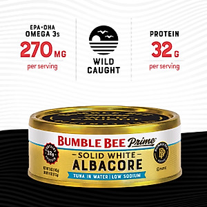 Bumble Bee Prime Solid White Albacore Tuna- Low Sodium in Water, 5 oz Can (Pack of 12) - Premium Wild Caught Tuna - 32g Protein per Serving - Non-GMO Project Verified, Gluten Free, Kosher