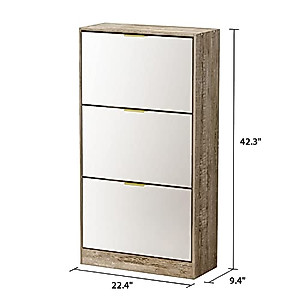 DiDuGo Shoe Cabinet with 3 Mirrored Flip Drawers, Slim Shoe Storage Cabinet for Entryway Brown (22.4”W x 9.6”D x 42.1”H)