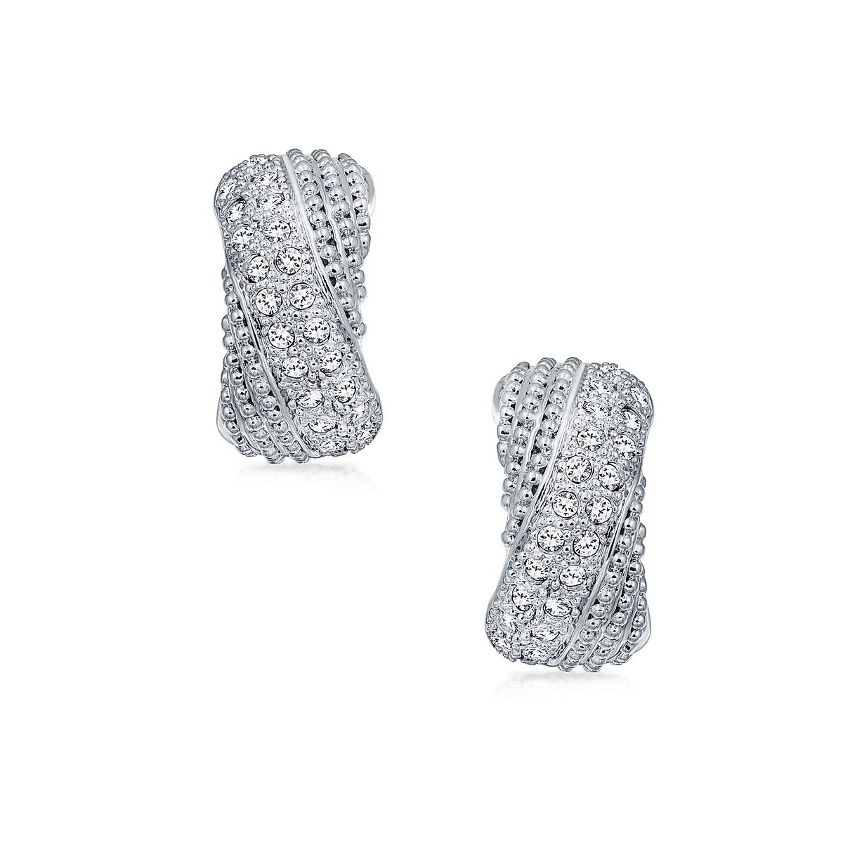 Bridal Prom Criss Cross Twisted Row Pave Crystal Dome Half Hoop Clip On Earrings Non Pierced Ears Silver Plated Brass
