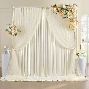 5ft x 10ft Dual Layer Ivory Tulle Backdrop Curtain Panels with Light, 1 Panel 5 x 10 ft Photo Background Drapes for Wedding Baby Shower Party Engagement Bridal Shower Photography