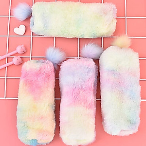Plush Rainbow Pencil Case for Girls Fluffy Pencil Case Cute Rainbow Pencil Holder Soft Pencil Case Fluffy Pencil Bag Makeup Pouch Colored Storage Bags Large Capacity School Supplies for Kids