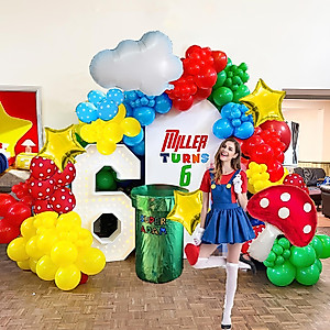 Red Blue green Yellow balloon garland Kit 130Pcs with Cloud mushroom Star balloons for Cartoon & Video Game theme Super bros Birthday inspired Party Decorations