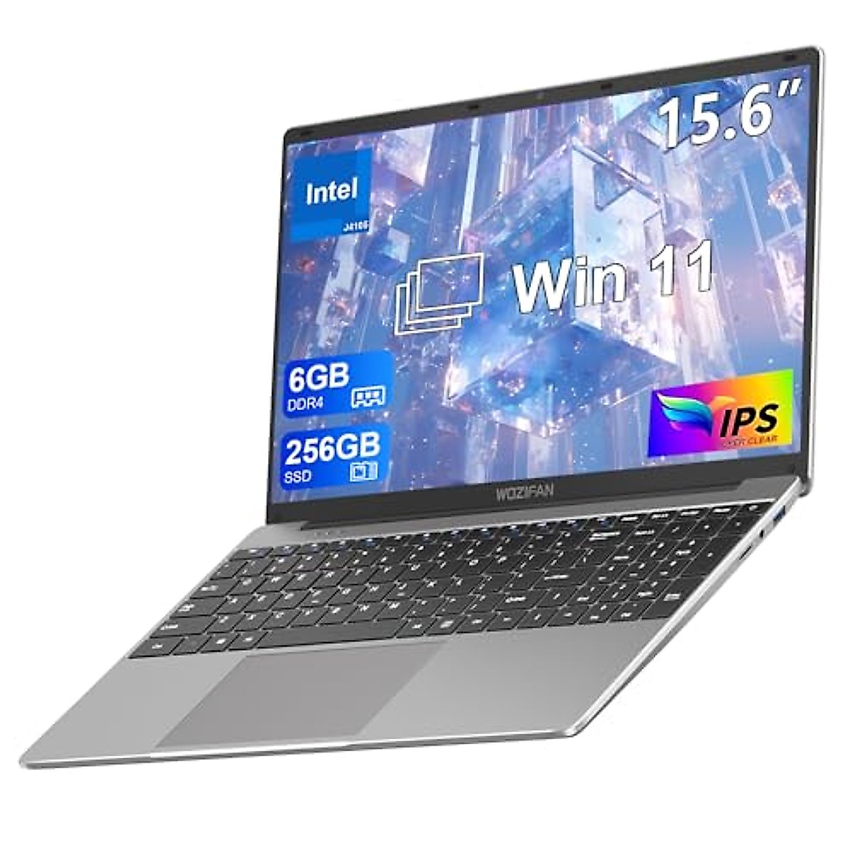 WOZIFAN 15.6 Inch Laptop Computer 6GB DDR4 256GB SSD 1920x1080 IPS Display Win 11 Laptop Celeron J4105 1.5Ghz(Up to 2.5Ghz) 4-Core Processor Notebook 2.4G+5G WiFi BT4.2 Adapter Wireless Mouse-Gray