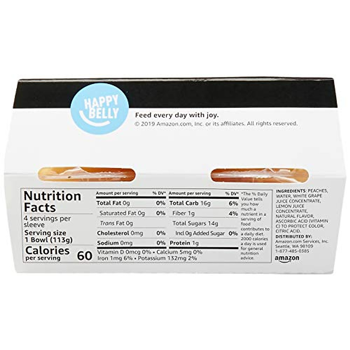 Amazon Brand - Happy Belly Fruit Bowls, Yellow Cling Diced Peach in 100% Juice, 4 Count, 4 Ounce Bowls