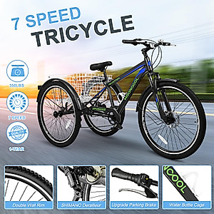Slsy Adult Mountain Tricycle, 7 Speed Three Wheel Bike, 24/26 Inch Adults Trikes for Seniors with Shopping Basket, Exercise Men's Women's Tricycles