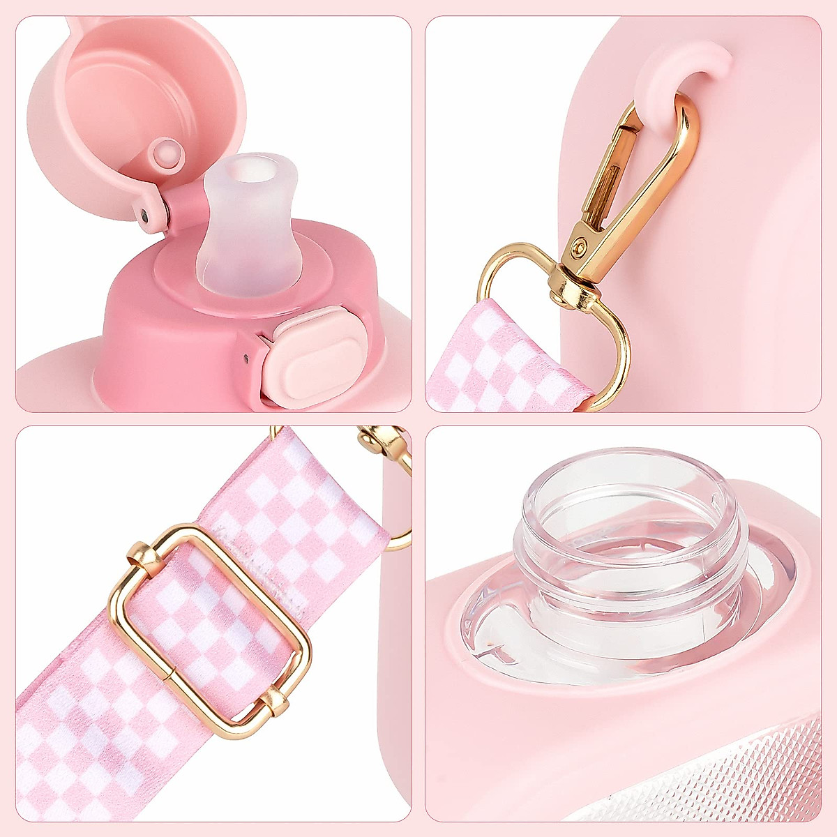 Adorila Square Water Bottle with Straw, Travel Transparent Canteen with Adjustable Strap, Leakproof Water Cup for Office School (Pink, 700ml)