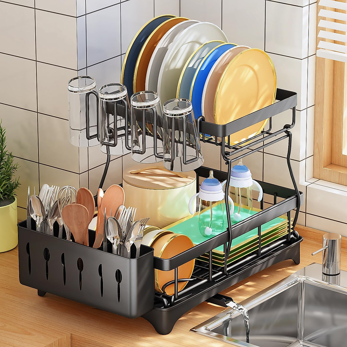 HERJOY Dish Drying Rack, Detachable 2 Tier Dish Rack and Drainboard Set, Large Capacity Dish Drainer Organizer Shelf with Utensil Holder, Cup Rack for Kitchen Counter, Black