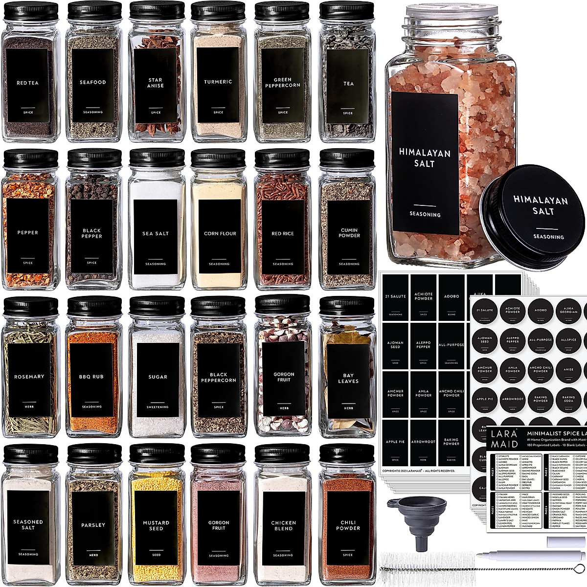 Laramaid 4oz 24Pack Spice Jars with 455 Black Vinyl Spice Labels, Shaker Lids Dispenser with Airtight Black Metal Caps, Cleaning Brush and Collapsible Silicone Funnel Complete Set