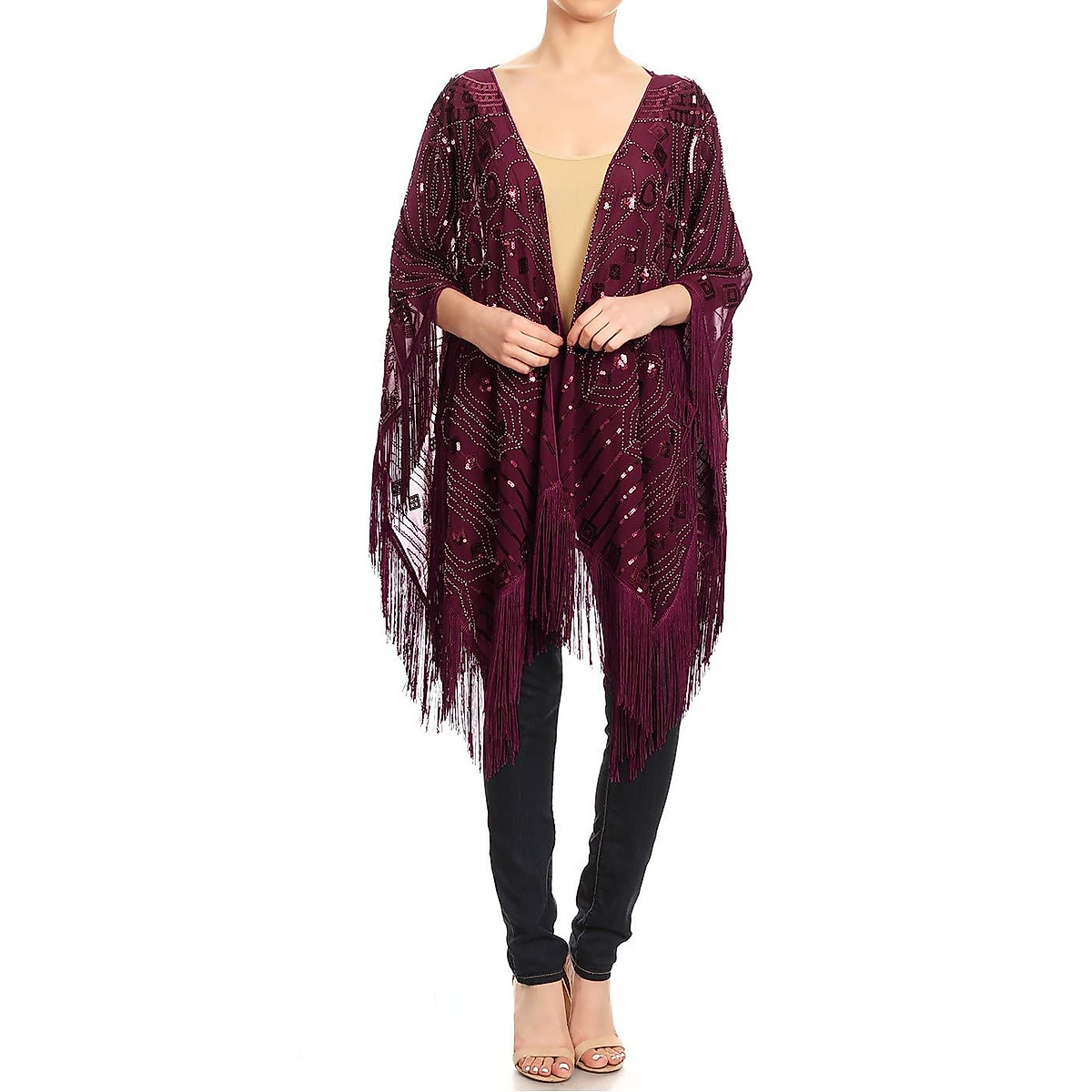 Anna-Kaci Womens Oversized Gatsby Hand Beaded Fringed Sequin Evening Shawl Wrap, Burgundy, Onesize