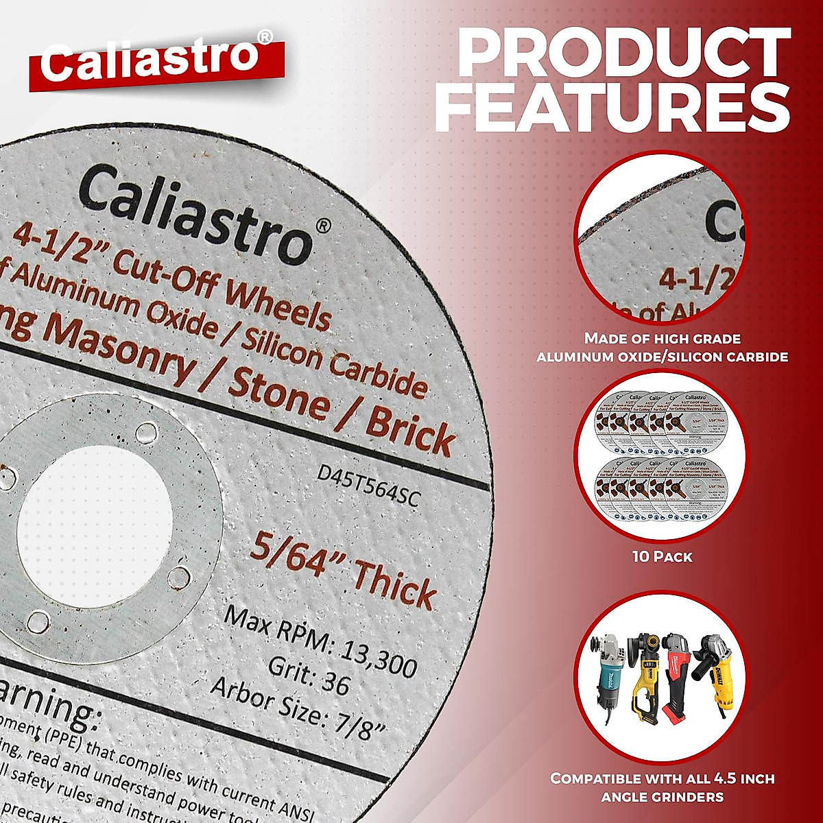 10 Pack – 4 1/2 Cut Off Wheel Concrete Grinding Wheel for Cutting Masonry Stone Brick Block - Compatible with All 4 1/2 inch Angle Grinder - Caliastro