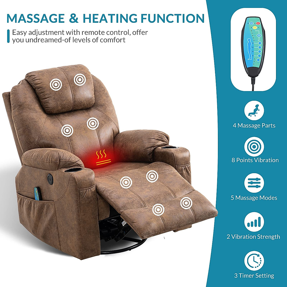 OUINCH Manual 360 Degree Swivel Glider Rocker Recliner Chair with Massage and Heat, 2 USB Ports, 2 Front Pockets, 2 Side Pockets and 2 Cup Holders, Bronze Suede Fabric (Brown)